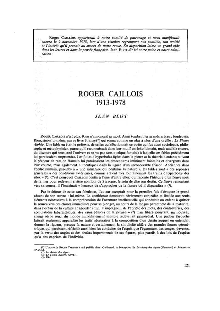 ROGER CAILLOIS 1913-1978 - Commentaire