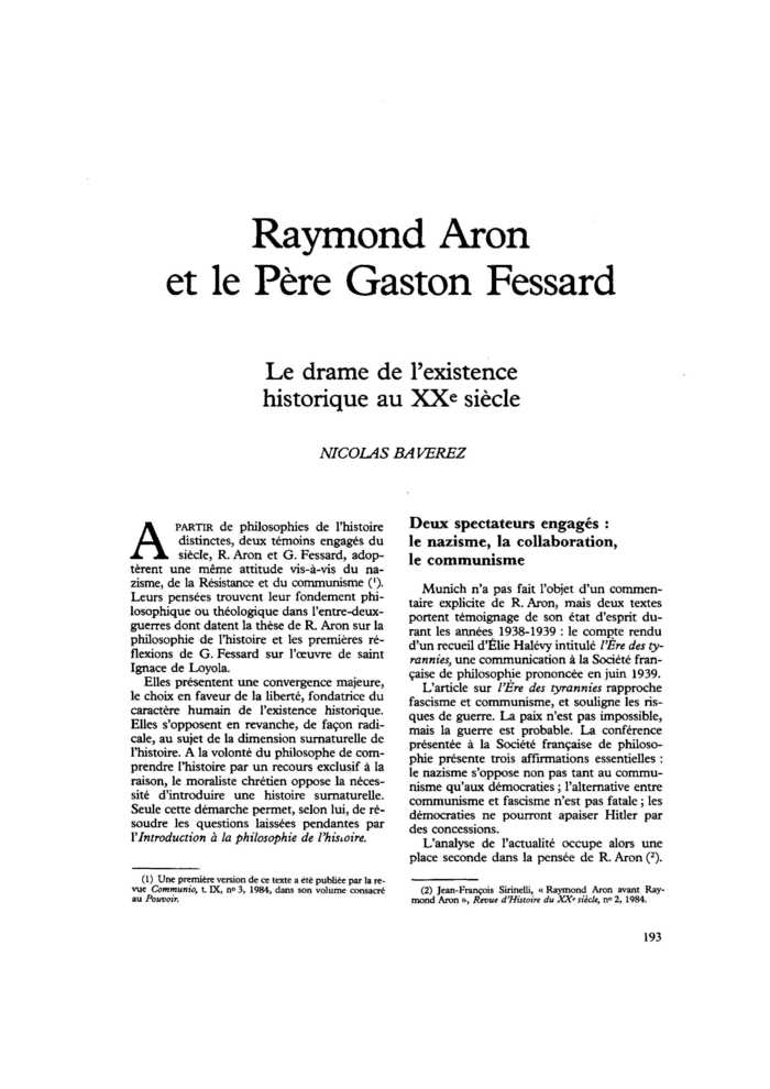 Raymond Aron et le Père Gaston Fessard. Le drame de l'existence ...