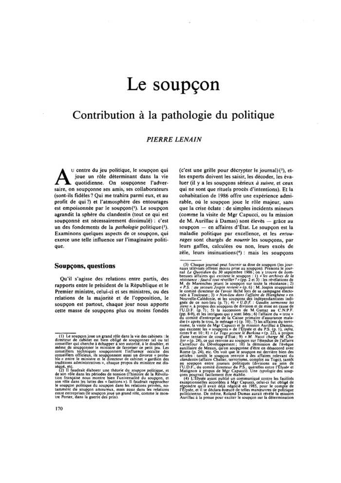 Le soupçon. Contribution à la pathologie du politique - Commentaire