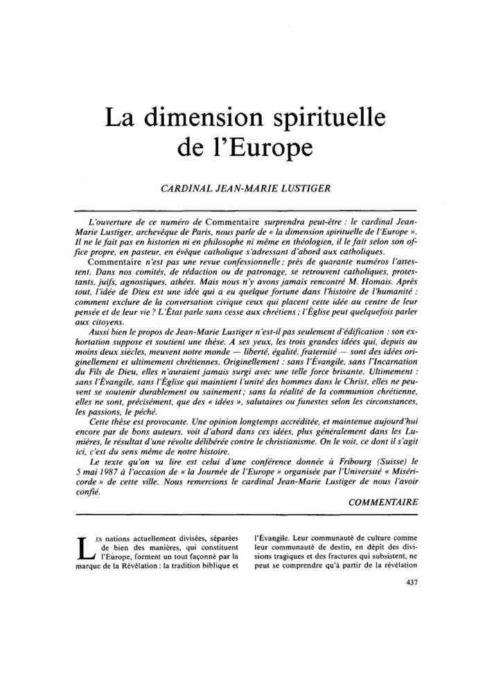 La dimension spirituelle de l'Europe - Commentaire