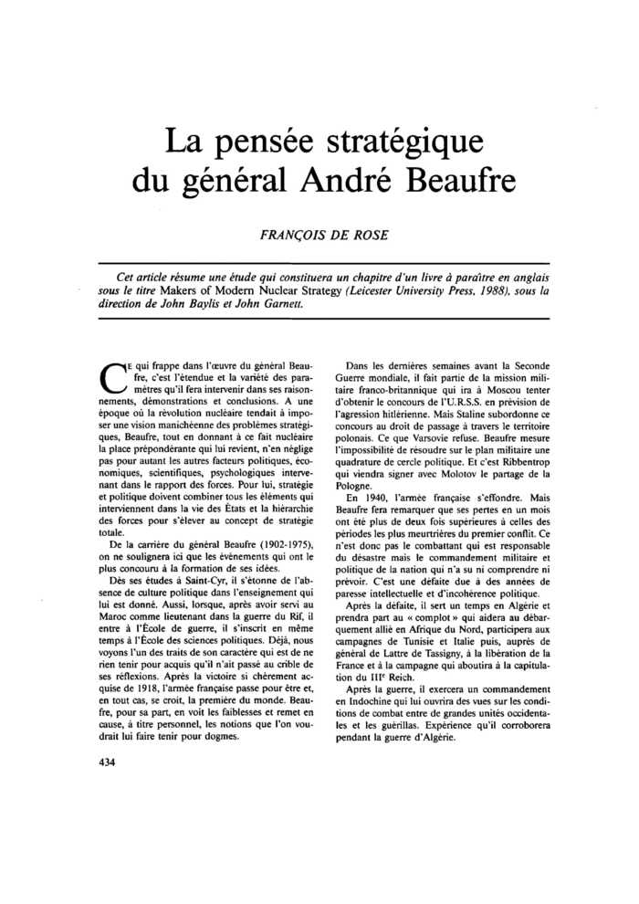 La pensée stratégique du général André Beaufre - Commentaire