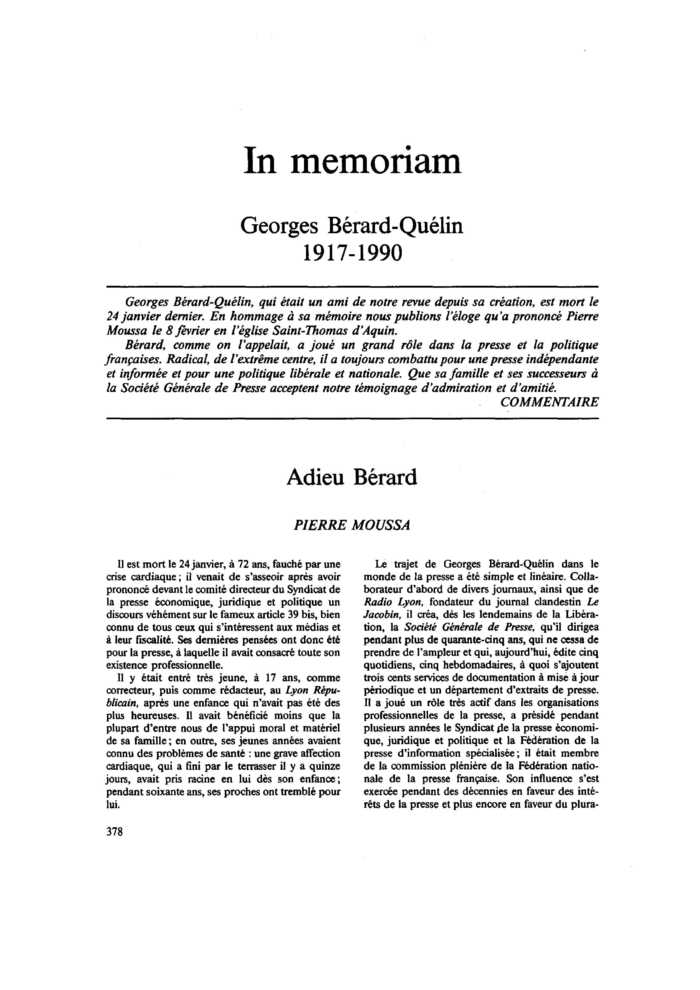 Georges Bérard-Quélin 1917-1990. Adieu Bérard - Commentaire