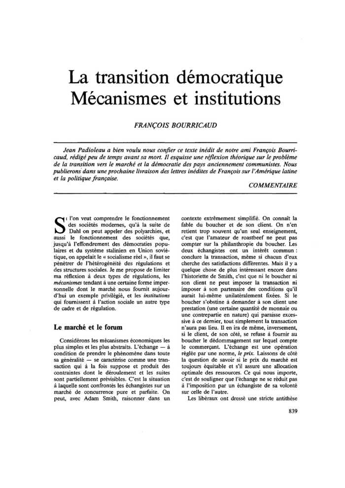 La transition démocratique. Mécanismes et institutions - Commentaire