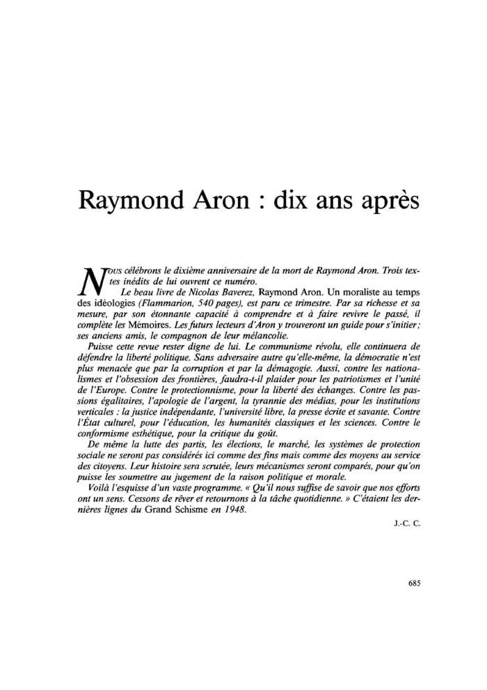 Raymond Aron : dix ans après - Commentaire
