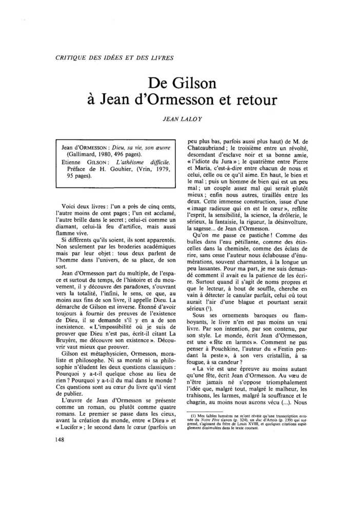 De Gilson à Jean d'Ormesson et retour - Commentaire