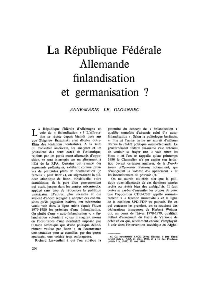 La République Fédérale Allemande : finlandisation et germanisation ...