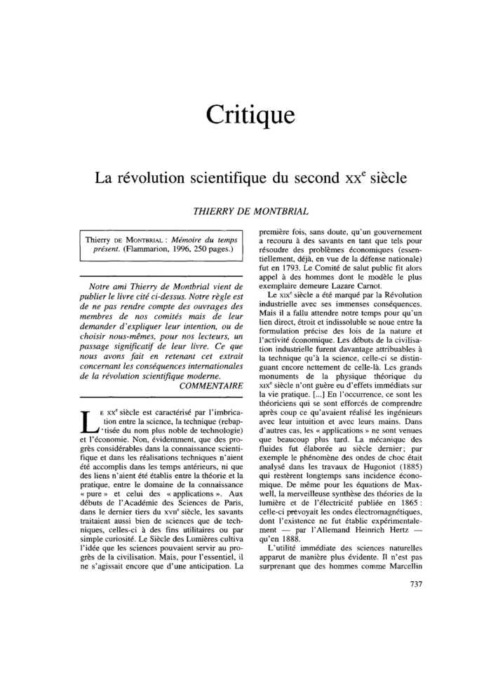 La révolution scientifique du second XXe siècle - Commentaire