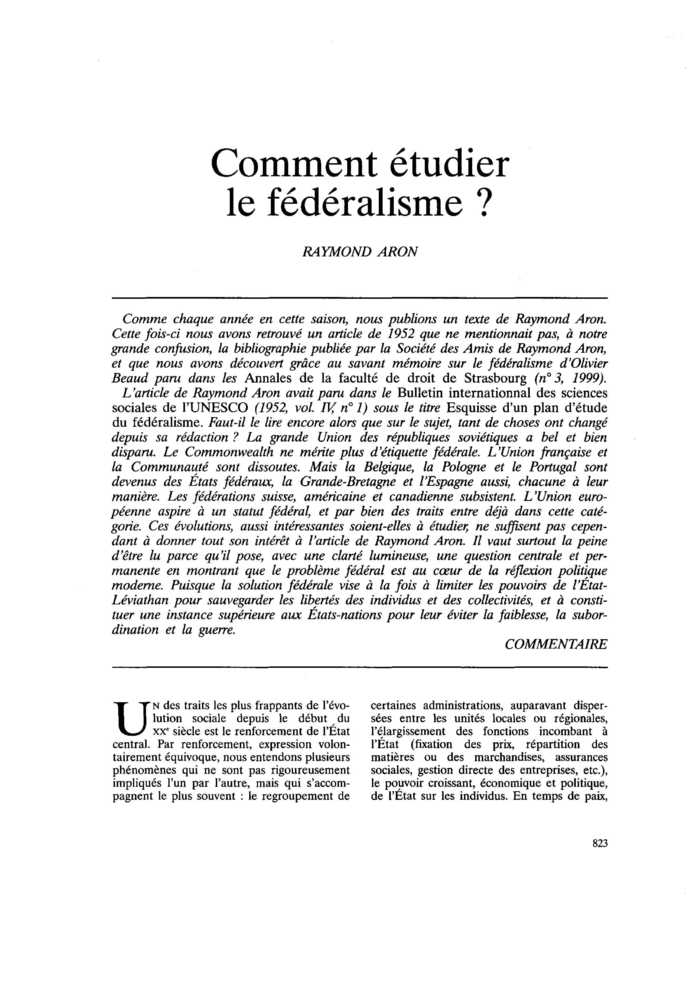 Comment étudier le fédéralisme ? - Commentaire