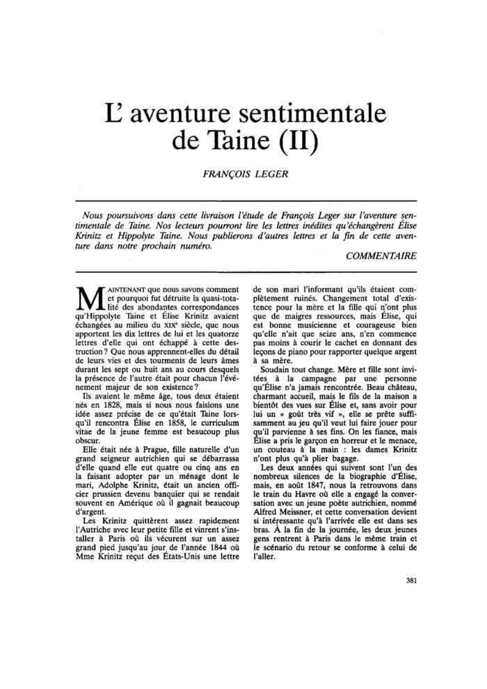 L'aventure sentimentale de Taine (II) - Commentaire