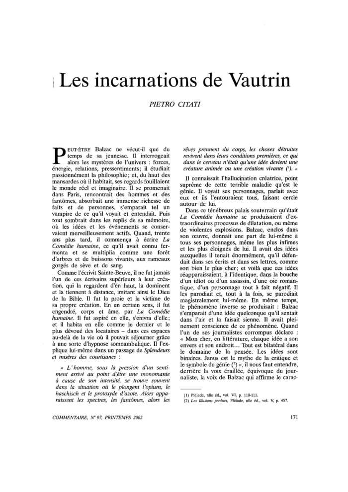 Les incarnations de Vautrin - Commentaire