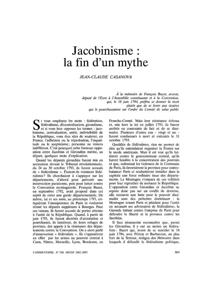 Jacobinisme : la fin d'un mythe - Commentaire