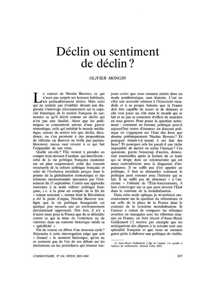 Déclin ou sentiment de déclin ? - Commentaire