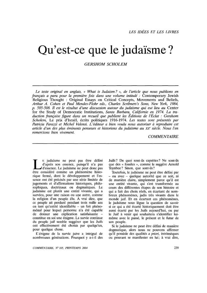Qu'est-ce que le judaïsme ? - Commentaire