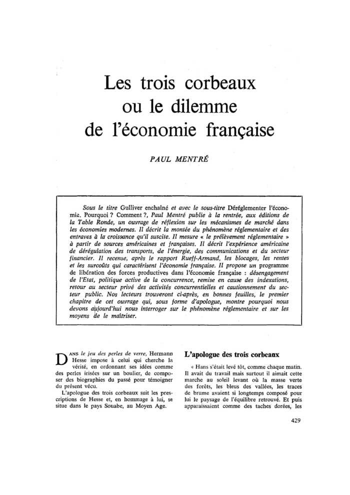 Les trois corbeaux ou le dilemme de l'économie française - Commentaire