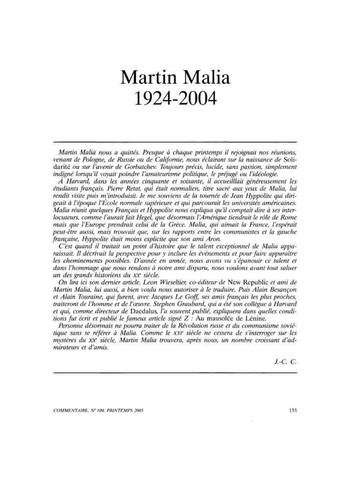 Martin Malia nous a quittés - Commentaire