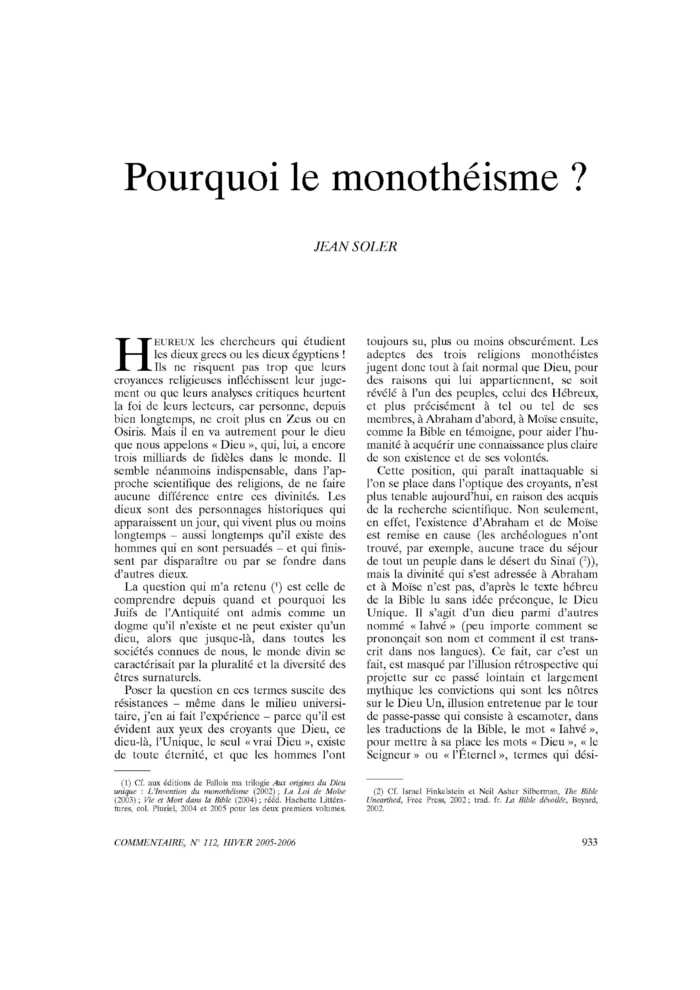 Pourquoi le monothéisme ? - Commentaire