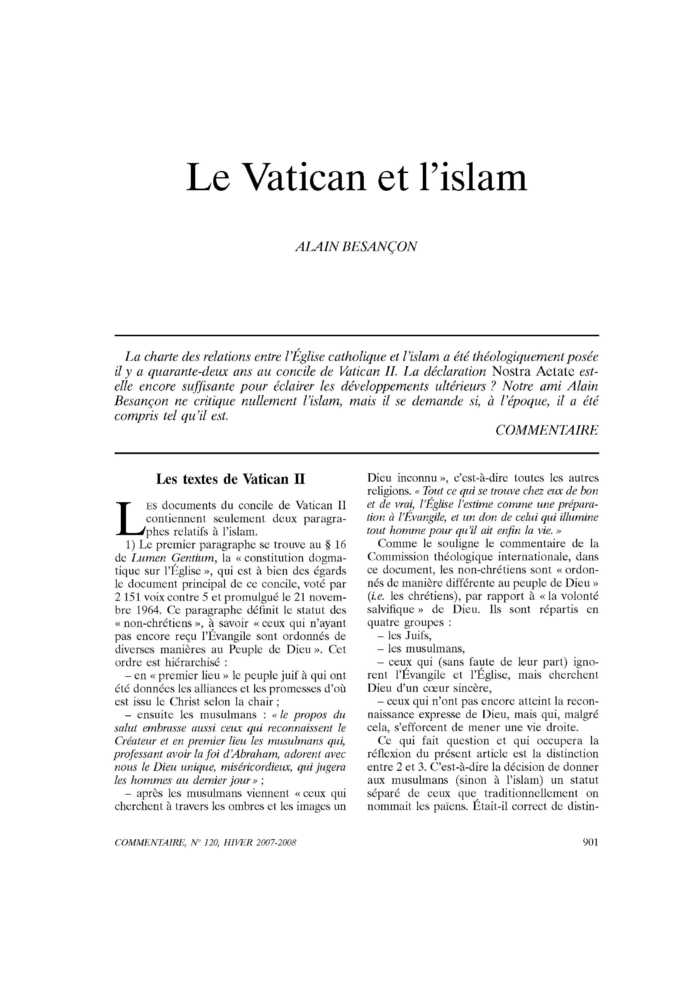 Le Vatican et l'islam - Commentaire