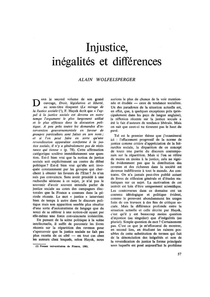 Injustice, inégalités et différences - Commentaire