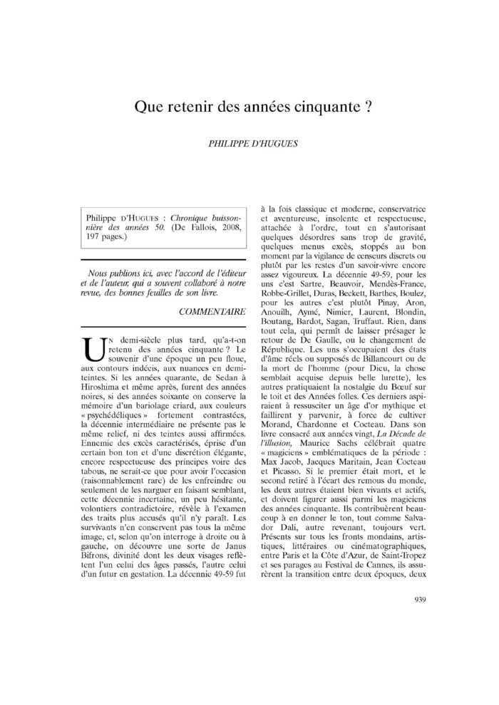 Que retenir des années cinquante - Commentaire