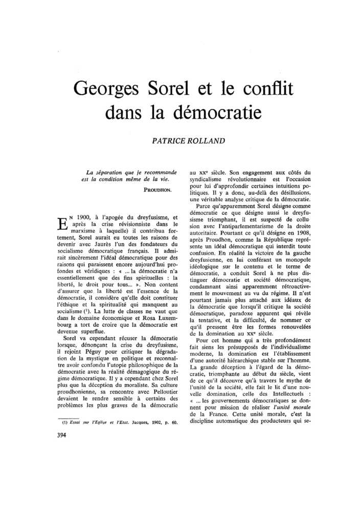 Georges Sorel et le conflit dans la démocratie - Commentaire